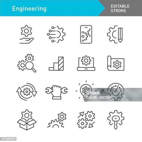 엔지니어링 아이콘 세트 라인 시리즈 편집 가능한 스트로크 기어 기계 부분에 대한 스톡 벡터 아트 및 기타 이미지 기어 기계
