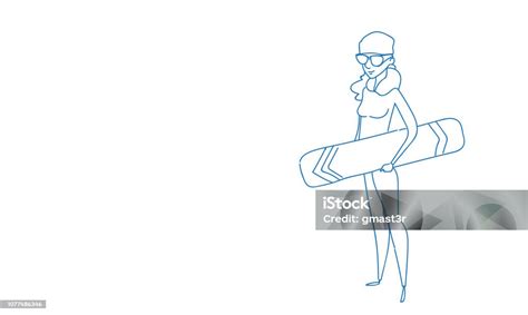 스노 여자 서 보류 스노우보드 겨울 방학 취미 개념 Sportswoman 활동 여성 캐릭터 전체 길이 가로 스케치 낙서 건강한 생활방식에 대한 스톡 벡터 아트 및 기타