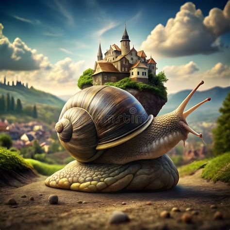 A Giant Snail Carries A Tiny Village On Its Shell Creating A Whimsical Scene Of Nature And