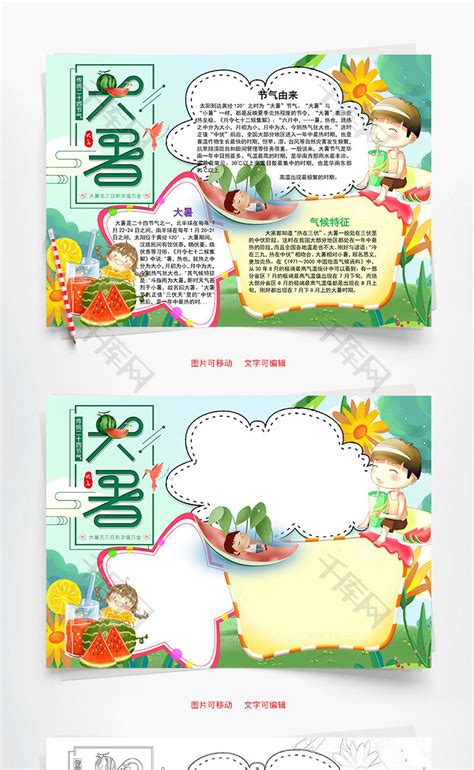 蓝绿色卡通大暑二十四节气word小抄报千库网手抄报id：111615
