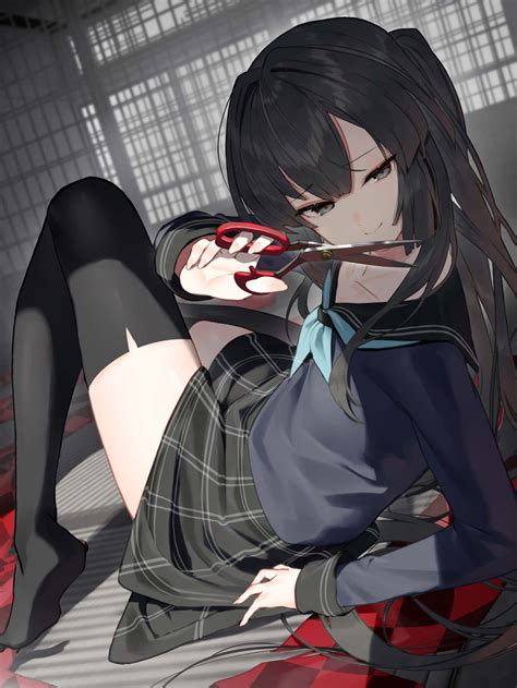 Download Scissor Girl Wearing Thigh High Socks Wallpaper