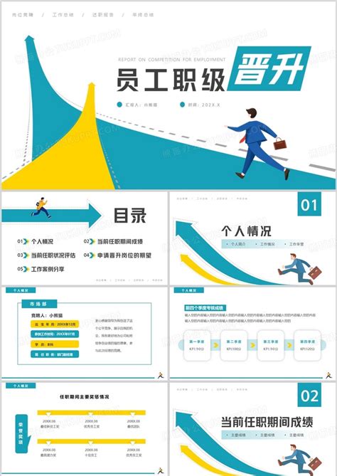 黄绿色简约风员工职级晋升ppt模板下载熊猫办公