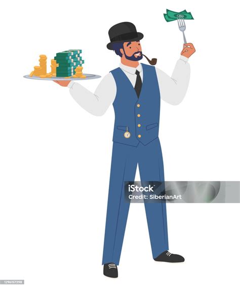 현금 돈 플랫 벡터 일러스트의 전체 트레이와 풍부한 신사 은행가 부유 한 사업가 백만장자 거물 경영자에 대한 스톡 벡터 아트 및 기타 이미지 Istock