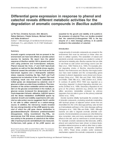 Pdf Differential Gene Expression In Response To Phenol And Catechol Reveals Different