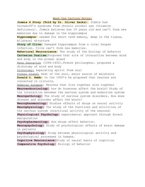 Bns Notes Week 12 Week One Lecture Notes Jimmie G Story Told By Dr Oliver Sacks Jimmie