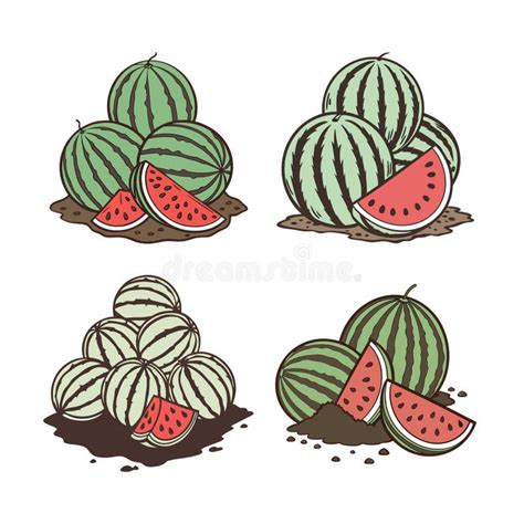Three Whole Watermelons With Two Slices Isolated On White Stock Vector