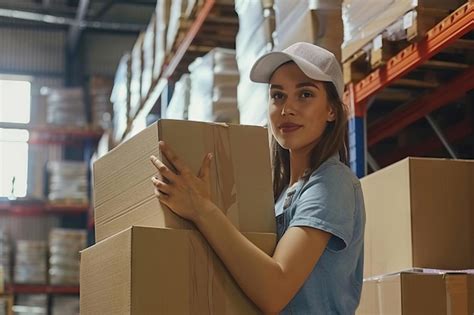 Female Warehouse Worker Loading Or Unloading Boxes Premium Ai