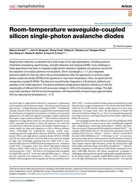 Pdf Room Temperature Waveguide Coupled Silicon Single Photon Avalanche Diodes