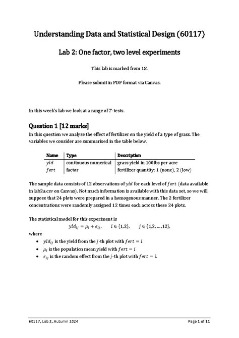 LAB Solutions Understanding Data And Statistical Design Lab One Factor Two Level