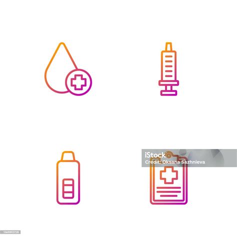 세트 라인 환자 기록 디지털 온도계 드롭 혈액 과 주사기를 기부 그라데이션 색상 아이콘입니다 벡터 1위에 대한 스톡 벡터 아트