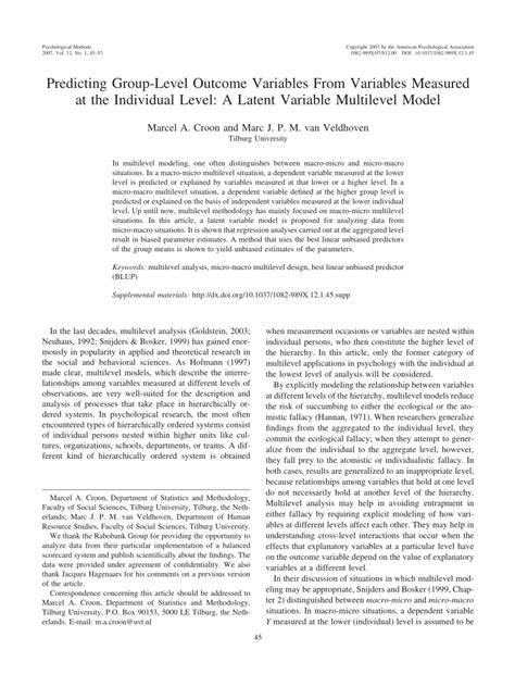 Pdf Predicting Group Level Outcome Variables From Variables Measured At The Individual Level