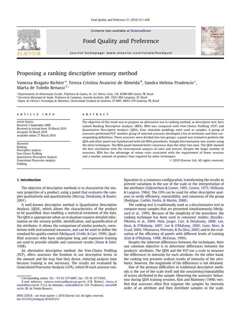 Proposing A Ranking Descriptive Sensory Method As An Alternative To