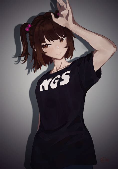 Safebooru 1girl Absurdres Arm Up Black Shirt Blush Brown Eyes Brown