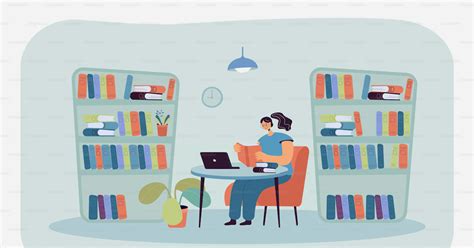 젊은 아가씨는 도서관 책상에 앉아 책을 읽고 있다 책장 플랫 벡터 일러스트레이션이 있는 방에서 공부하는 소녀 교육 지식 개념 사진 Unsplash의 사람 이미지