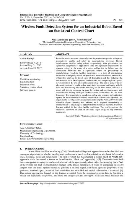 Pdf Wireless Fault Detection System For An Industrial Robot Based On Statistical Control Chart