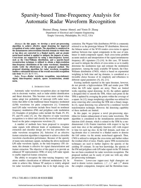 Sparsity Based Time Frequency Analysis For Automatic Radar Waveform Recognition Pdf Discrete