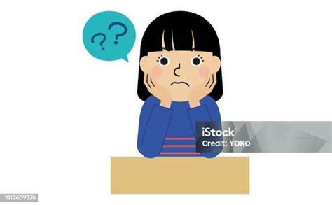 긴 소매를 입은 흑발의 일본인 여성이 책상에 앉아 깊은 생각에 잠겨 있는 모습 감정 시리즈에 대한 스톡 벡터 아트 및 기타 이미지 감정 시리즈 검정 머리 귀여운