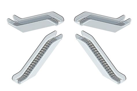 에스컬레이터 현대 건축 계단 리프트 및 엘리베이터 평면 3d 벡터 아이소메트릭 그림입니다 프리미엄 벡터