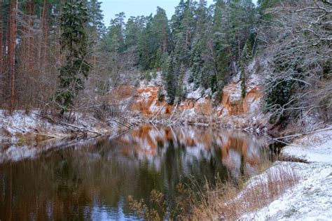 View Of Red Sandstone Cliffs Salaca River Skanaiskalns Nature Park