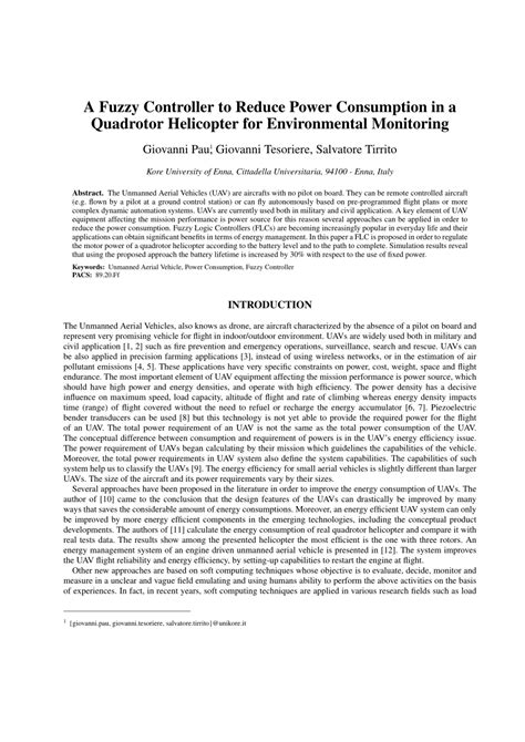 Pdf A Fuzzy Controller To Reduce Power Consumption In A Quadrotor Helicopter For Environmental