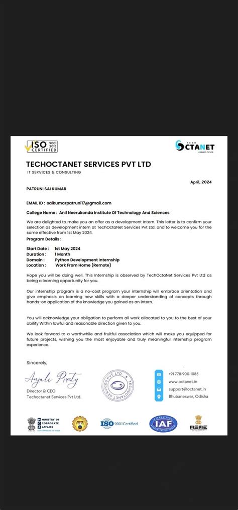 Sai Kumar Patruni On Linkedin I Got An Internship Offer Letter From