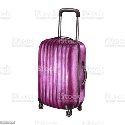 바퀴 달린 여행 가방 핑크 흰색 배경에 격리되어 있습니다 수채화 손으로 그린 그림입니다 전단지 배너 및 엽서용으로 설계되었습니다 초대장 포스터 및 라벨용 가방에 대한 스톡