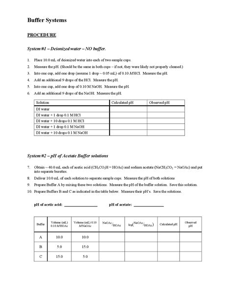 Buffer Systems Experiment Measuring PH Changes In Deionized Water And Acetate Buffers Lab
