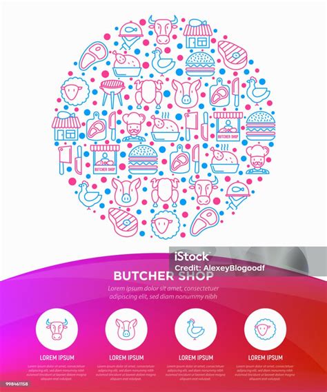얇은 선 아이콘 원에서 정육점이 게 개념 고기 스테이크 쇠고기 돼지고기 양고기 바베 큐 치킨 햄버거 절단 보드 고기 칼 현대 벡터 일러스트 레이 션 인쇄 미디어 서식 파일
