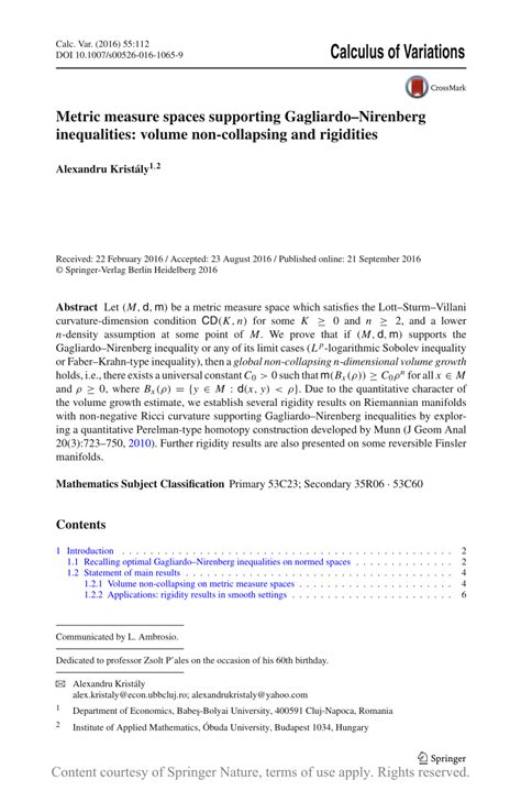 Metric Measure Spaces Supporting Gagliardonirenberg Inequalities Volume Non Collapsing And