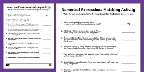 Numerical Expressions Matching Worksheet For 3rd 5th Grade