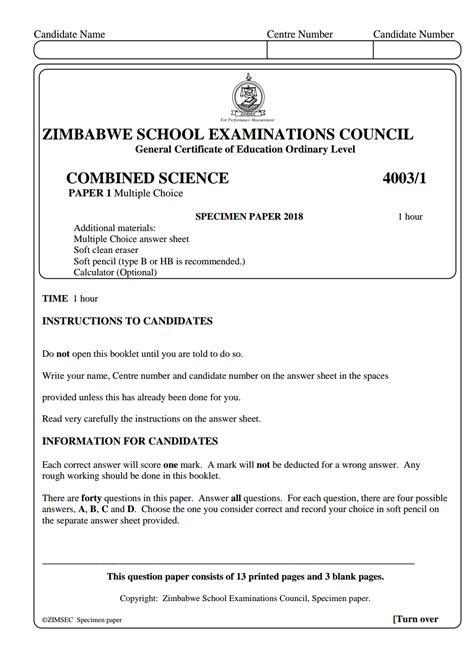 Zimsec Ordinary Level Combined Science Past Exam Papers