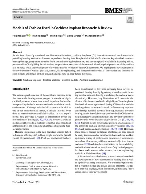 Pdf Models Of Cochlea Used In Cochlear Implant Research A Review
