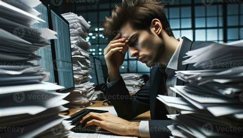 Ai Generated Stressed Office Worker Looking At Multiple Computer Screens With Stacks Of Papers