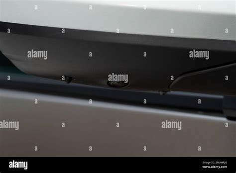 Close Up View Of Surround View Camera System On Modern Car Side Rear Mirror Blind Spot And