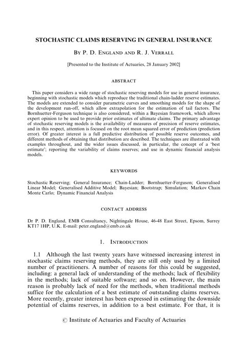 PDF Stochastic Claims Reserving In General Insurance