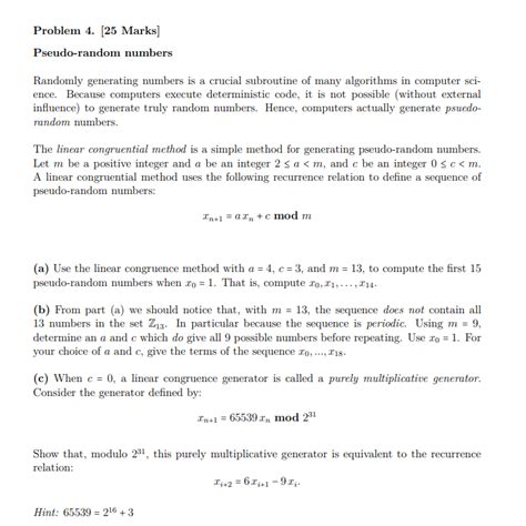 Solved Problem Marks Pseudo Random Numbers Randomly Chegg Com