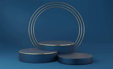 금색 테두리가 있는 빈 파란색 실린더 연단과 파란색 배경에 3개의 금색 원이 있습니다 추상 최소 스튜디오 3d 기하학적 모양 개체입니다 제품 디자인 전시를 위한 모형 공간