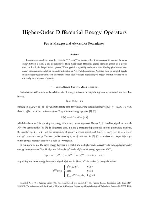 Pdf Higher Order Differential Energy Operators Ieee Signal Process Lett