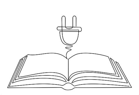 케이블 플러그 전자 책 개념 라인 아트 기호 또는 로고 전자 책 교육 및 문학 독서 도서관이있는 오픈 북의 연속 한 선 그리기 갈래에 대한 스톡 벡터 아트 및 기타 이미지