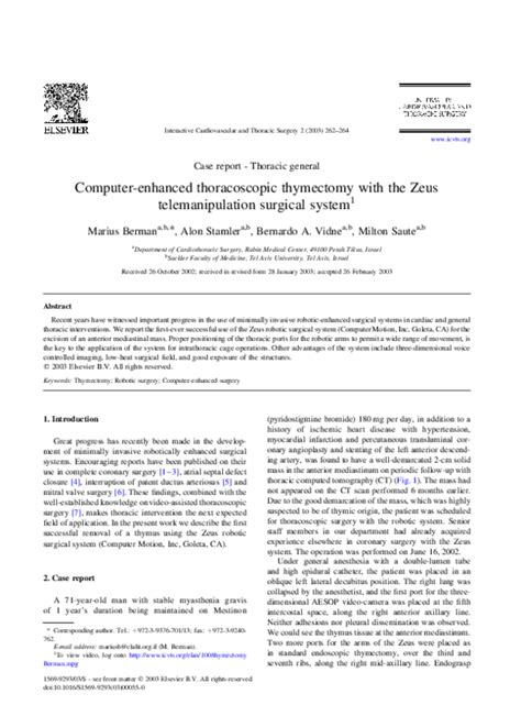 Pdf Case Report Thoracic General Computer Enhanced Thoracoscopic Thymectomy With The Zeus