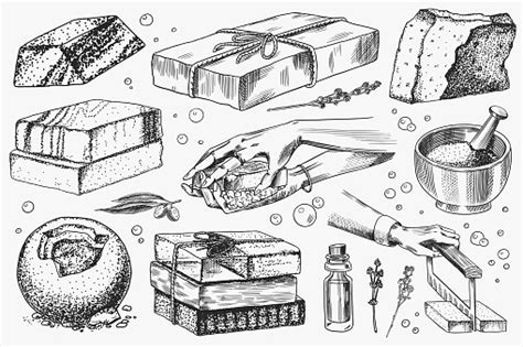 비누 바 빈티지 스타일로 손을 씻는다 수제 포장 거품 생산 공정 유기농 버블 화장품 바스에 대한 천연 거품 스파 라벨 또는 배너용 흑백 새겨진 스케치를 그려 비누에 대한
