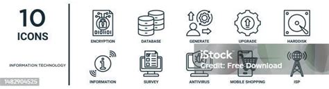정보 기술 개요 아이콘 세트에는 얇은 선 암호화 생성 하드 디스크 설문 조사 모바일 쇼핑 Isp 보고서 프리젠 테이션 다이어그램