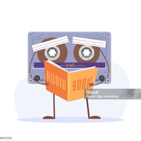 오디오북 책을 들고 만화 카세트 마스코트 재미있는 캐릭터 독서 책 전자 소설 이나 교육 문학 듣기 교과서를 삭제하는 복고풍 믹스 테이프 벡터 개념 개념에 대한 스톡 벡터
