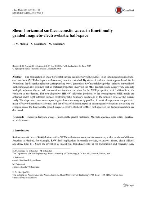 Pdf Shear Horizontal Surface Acoustic Waves In Functionally Graded Magneto Electro Elastic