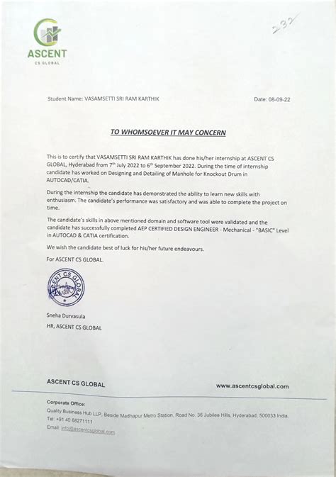 Internship Certificate Of Autocad And Catia V5 Under Ascent Cs Global Sri Ram Karthik Vasamsetti