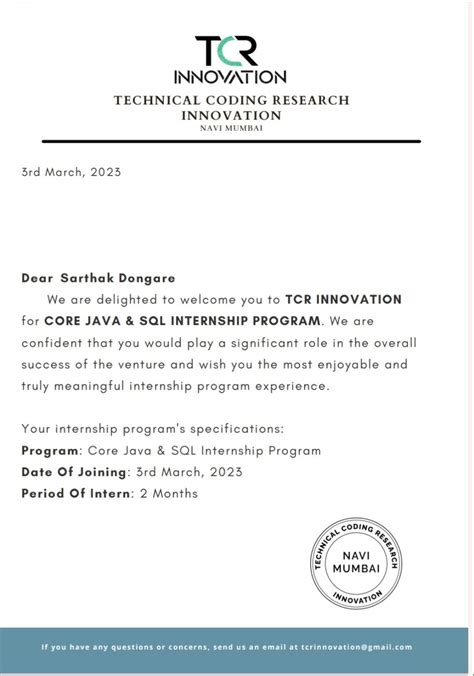 Sarthak Dongare On Linkedin Offer Letter Tcr Innovation Core Java And Sql