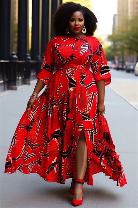 Xpluswear Design Plus Size Daily Red African Ankara Round Neck 34