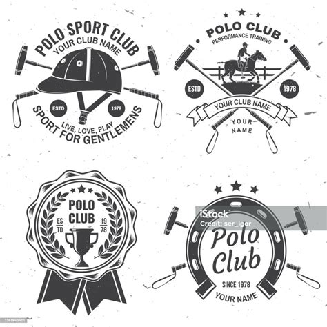 폴로 클럽 스포츠 배지 패치 엠블럼 기호 세트 벡터 그림입니다 라이더와 말 실루엣빈티지 흑백 승마 라벨 폴로 클럽 대회 승마 스포츠 셔츠 또는 기호 인쇄 스탬프 또는 티에