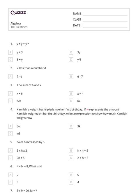 50 Algebra Worksheets For 5th Class On Quizizz Free And Printable