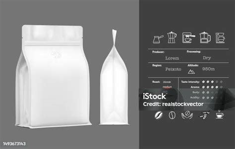 평평한 바닥 측면 거싯과 공기 밸브가 있는 흰색 스탠드업 파우치 백 모형 절반 및 측면 보기 흰색에 대한 스톡 벡터 아트 및